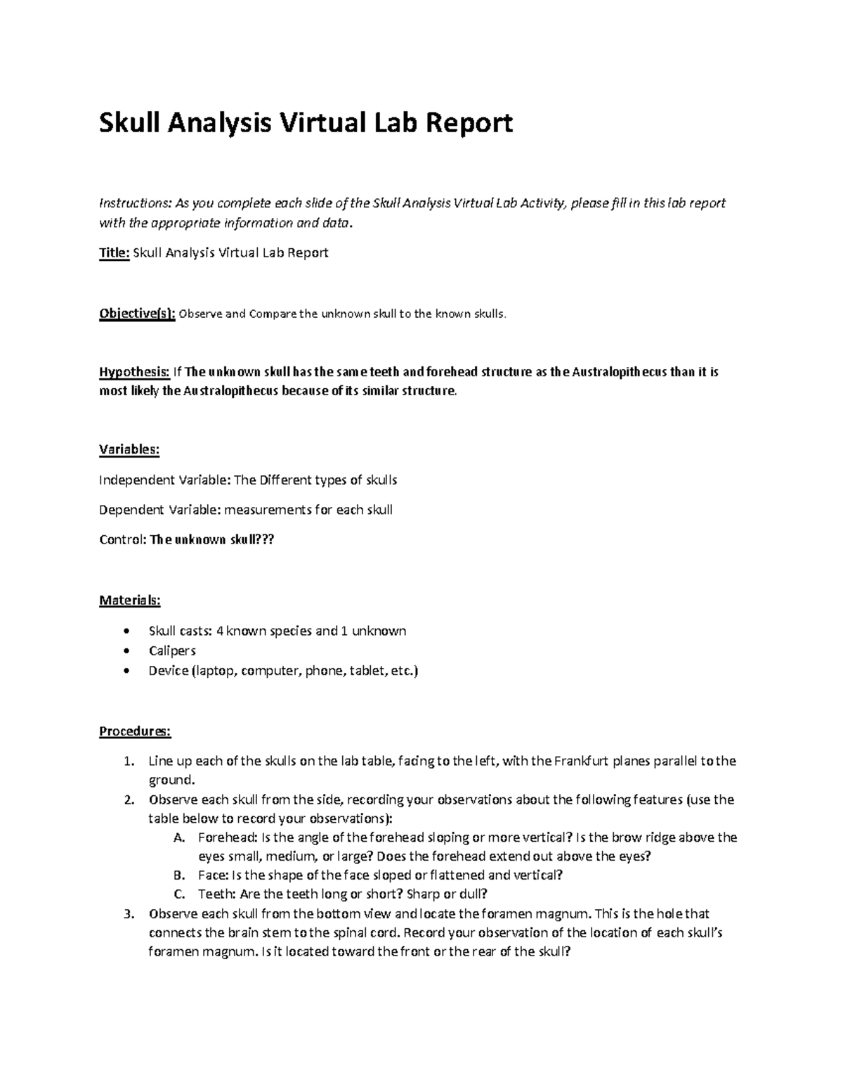 Skull Analysis Virtual Lab Report - Studocu