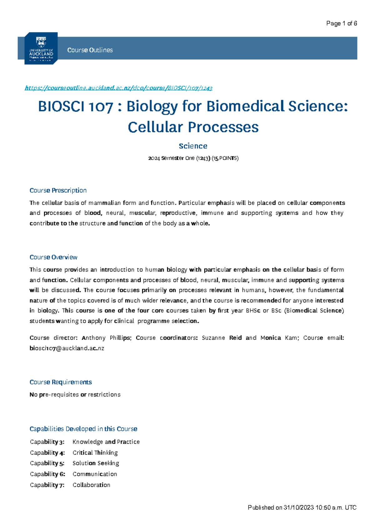 B Iosci 107 - 2024 Semester One - Course Outline - CourseCourse ...