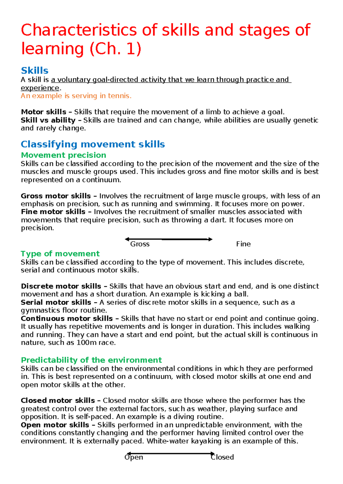 P.E 3 4 Notes - Characteristics of skills and stages of learning (Ch. 1 ...