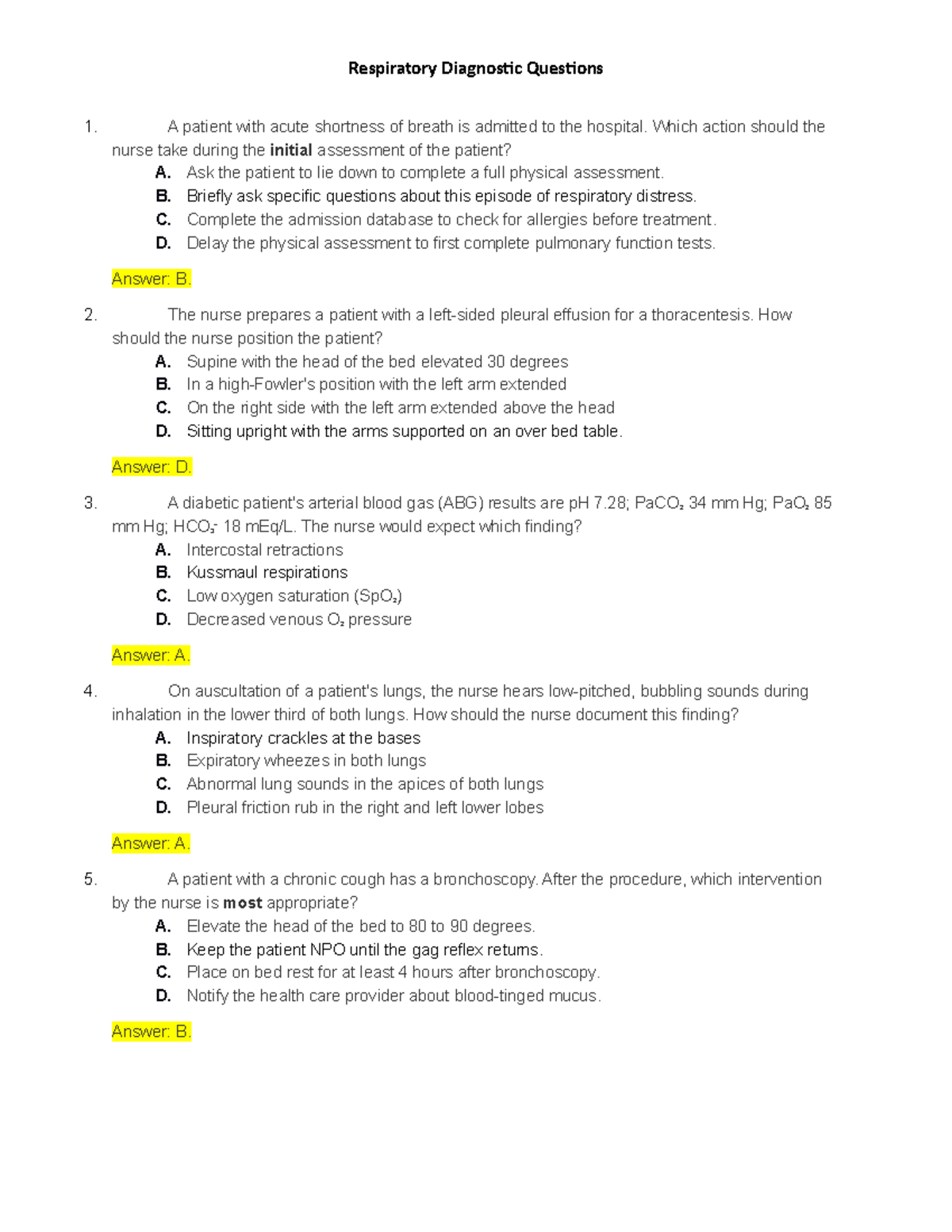 Respiratory Dx Questions Assignment - A patient with acute shortness of ...