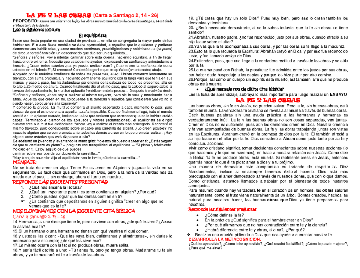LA FE Y LAS Obras (Carta a santiago) - LA FE Y LAS OBRAS (Carta a Santiago 2, 14 - 26) PROPOSITO ...