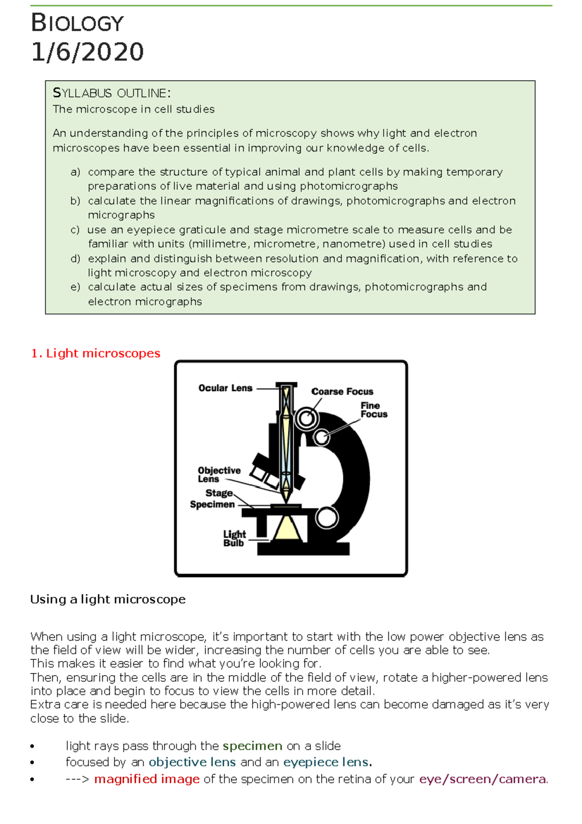 Microscopy Lab Report - 1/6/ MAGNIFICATION FROM SCALE BAR & ELECTRON ...