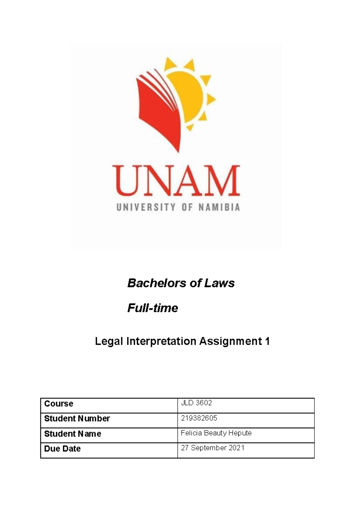 Legal interpretation assignment 1 - Bachelors of Laws Full-time Legal Interpretation Assignment ...