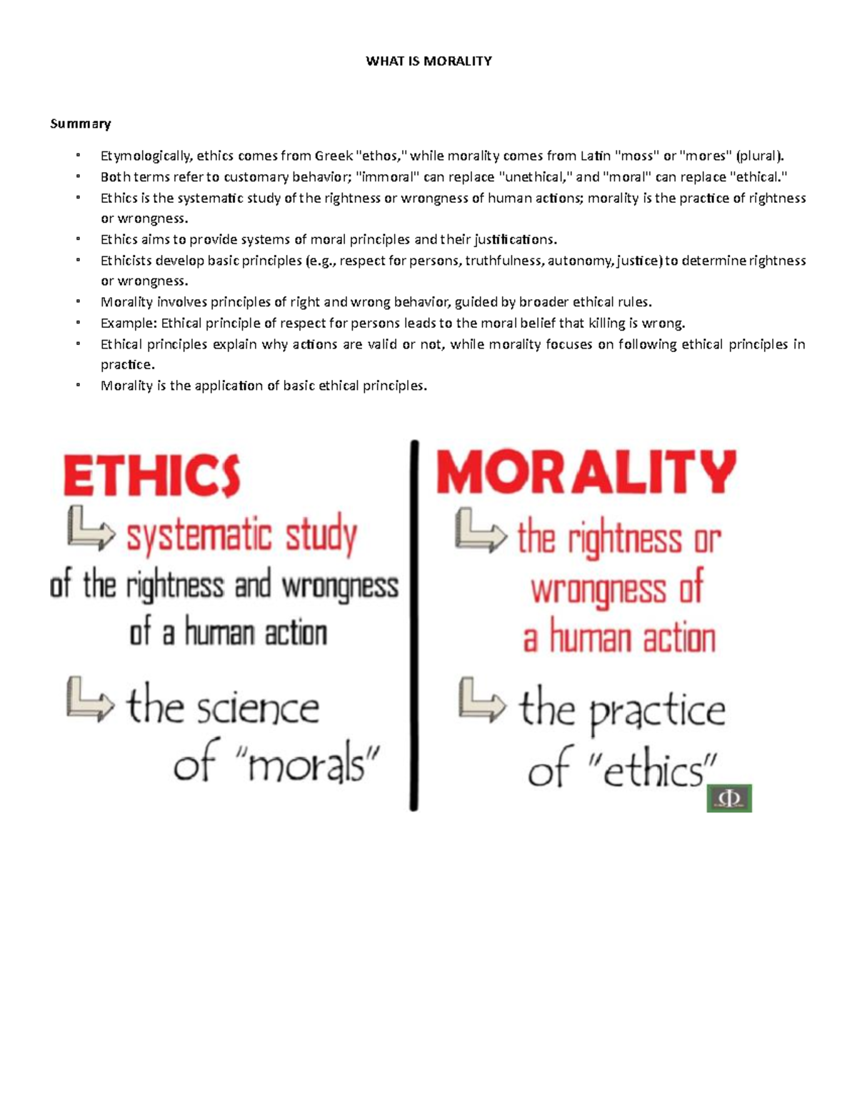 What is Morality - WHAT IS MORALITY Summary Etymologically, ethics ...