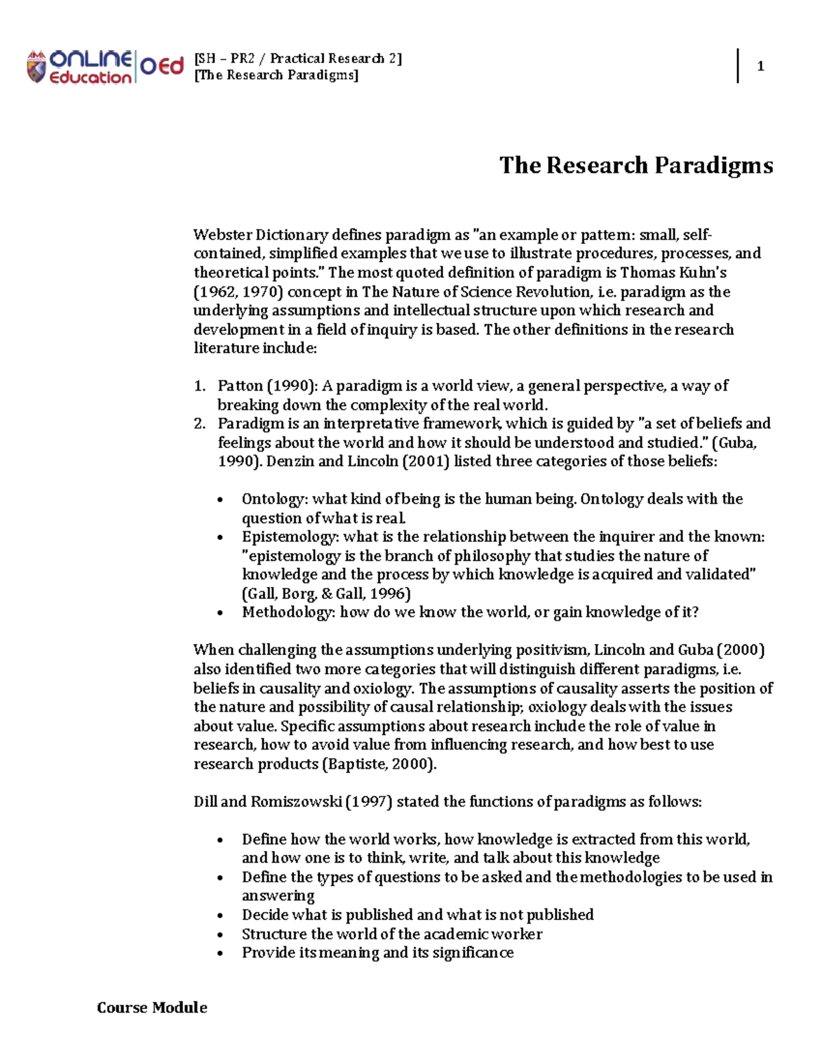 Week 007 Module The Research Paradigms - [SH – PR2 / Practical Research 2] [The Research ...