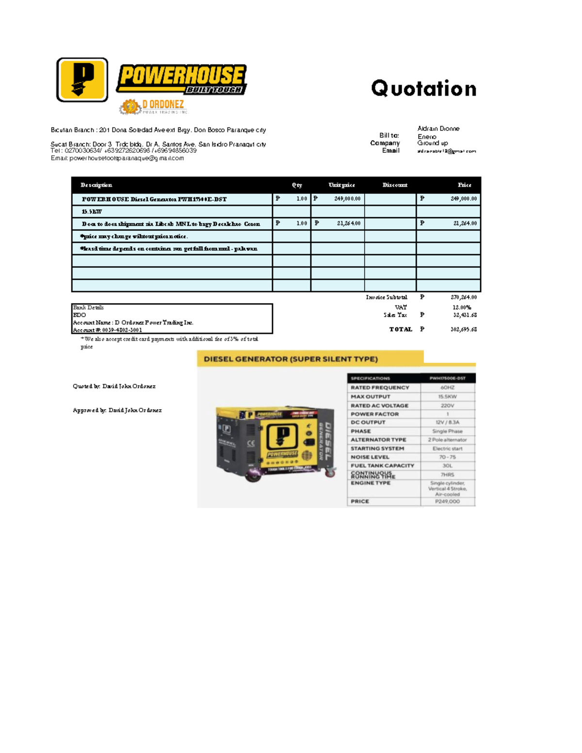 Powerhouse-Quote 1 - Quotation Bicutan Branch : 201 Dona Soledad Ave ...
