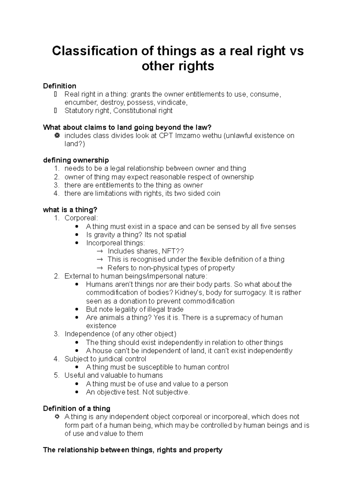 Classification of things as a real right vs other rights ...