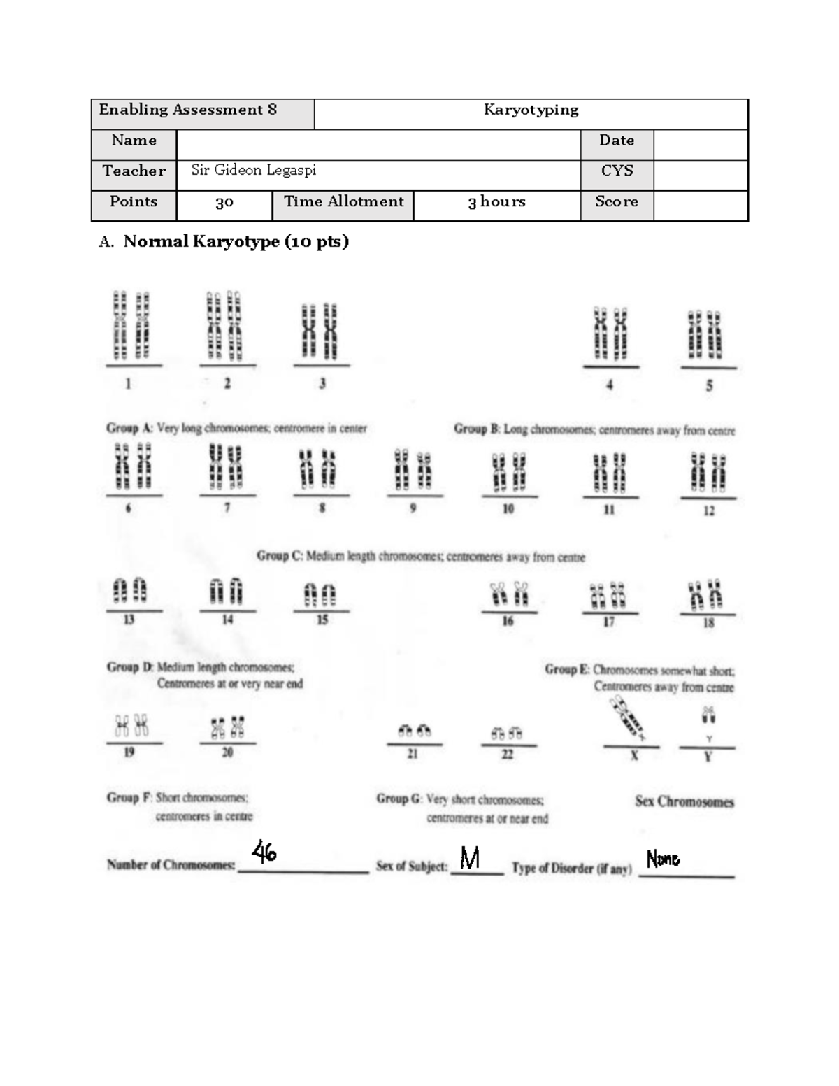 Karyotyping - Introductory Genetics - Enabling Assessment 8 Karyotyping ...