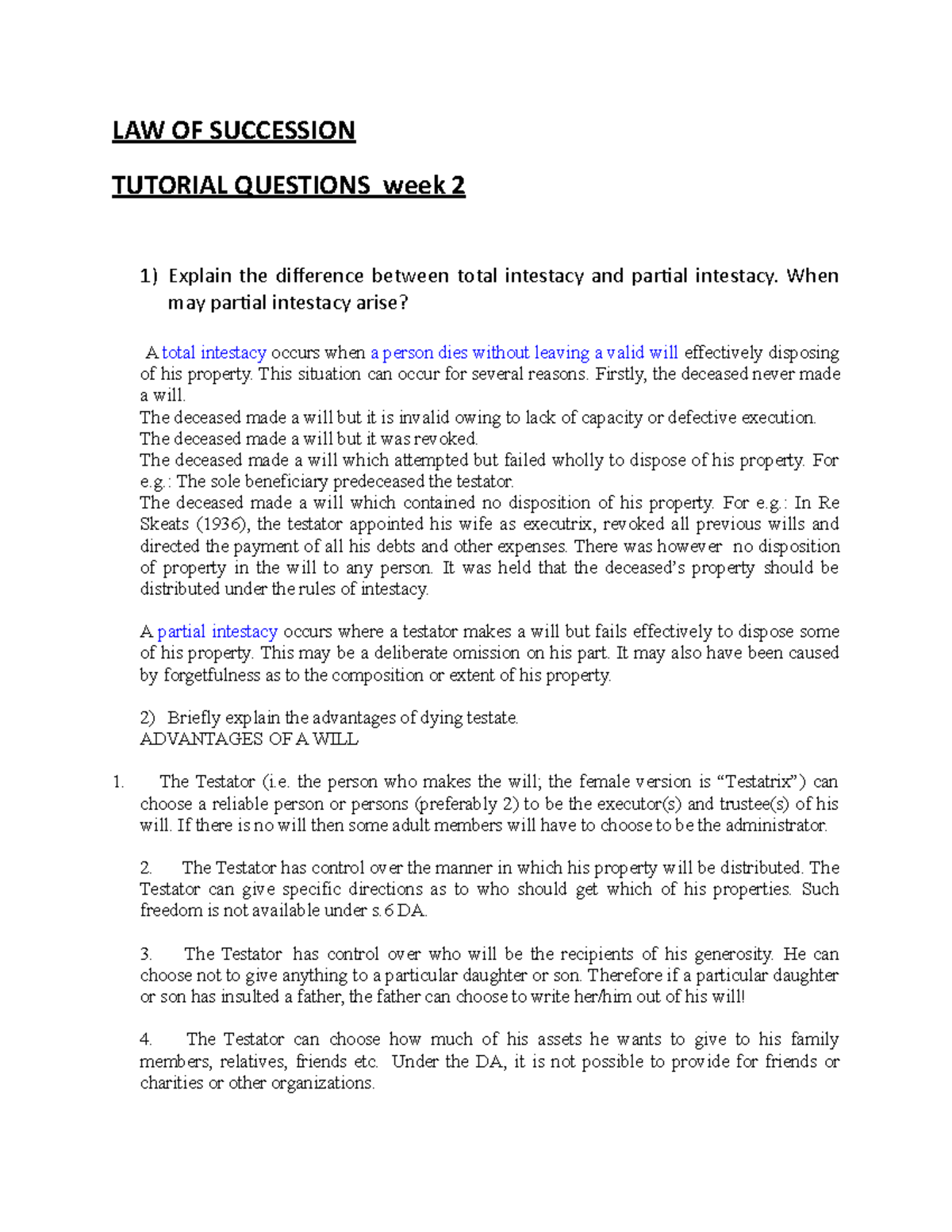 LS week 2 tutorial - LAW OF SUCCESSION TUTORIAL QUESTIONS week 2 1 ...