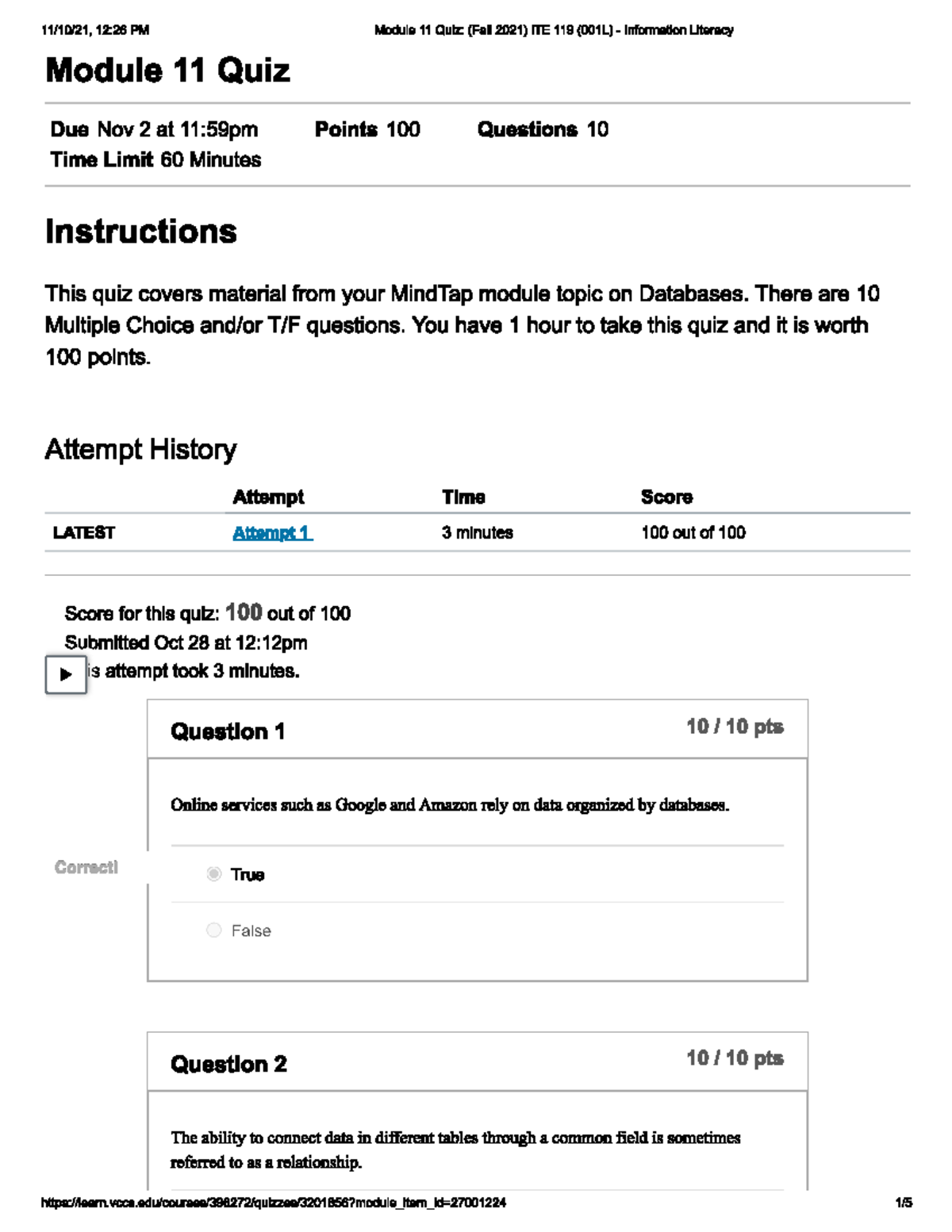 Module 11 Quiz (Fall 2021) ITE 119 (001L) - Information Literacy - ITE ...