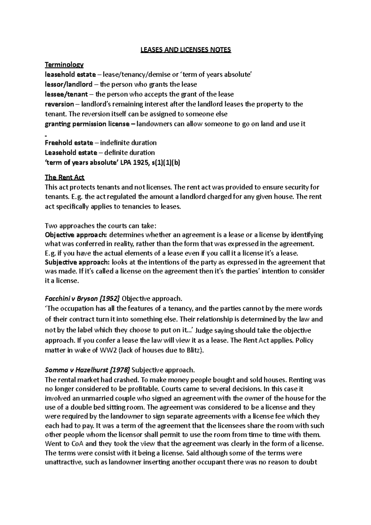 Leases and Licenses Key Cases & Terminology Notes - LEASES AND LICENSES ...
