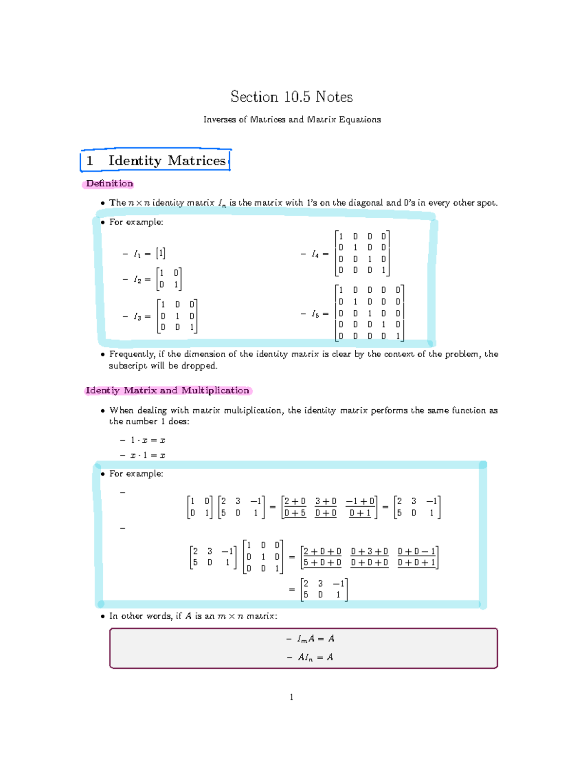 Inverse Matrices and Matrix Equations - Section 10 Notes Inverses of ...