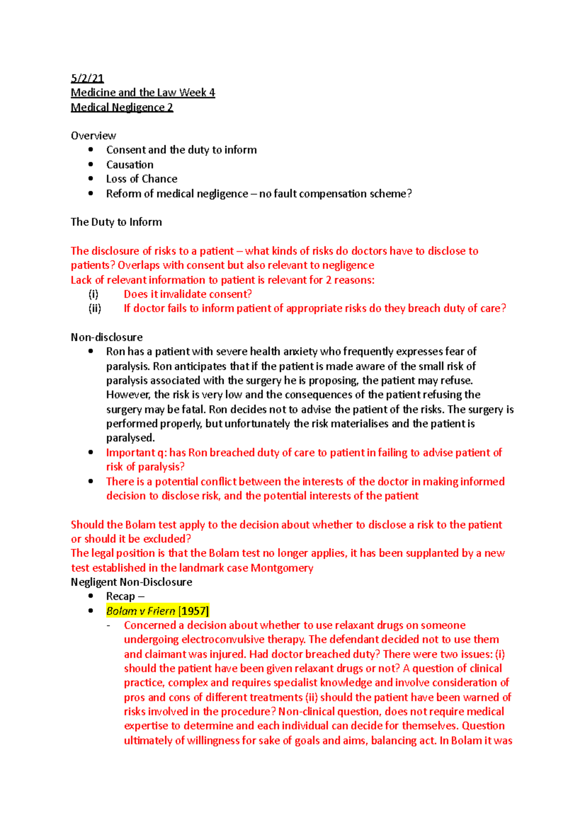 Medicine Lecture Notes Week 4 - 5/2/ Medicine and the Law Week 4 ...
