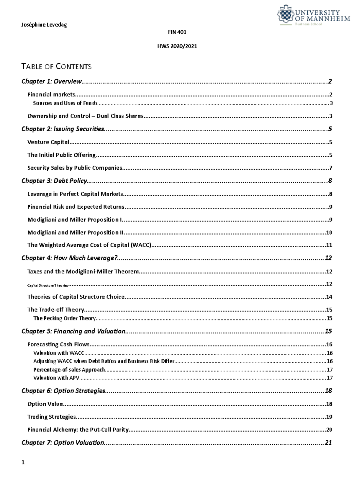 FIN 401 Script - TABLE OF CONTENTS - **FIN** - **HWS 2020/** Chapter 1 ...