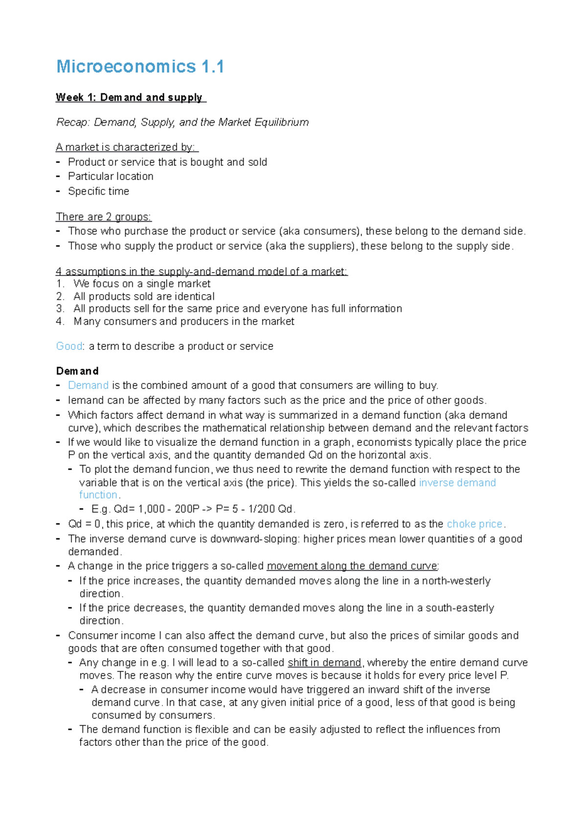 Microeconomics week 1 - Summary - Microeconomics 1. Week 1: Demand and ...