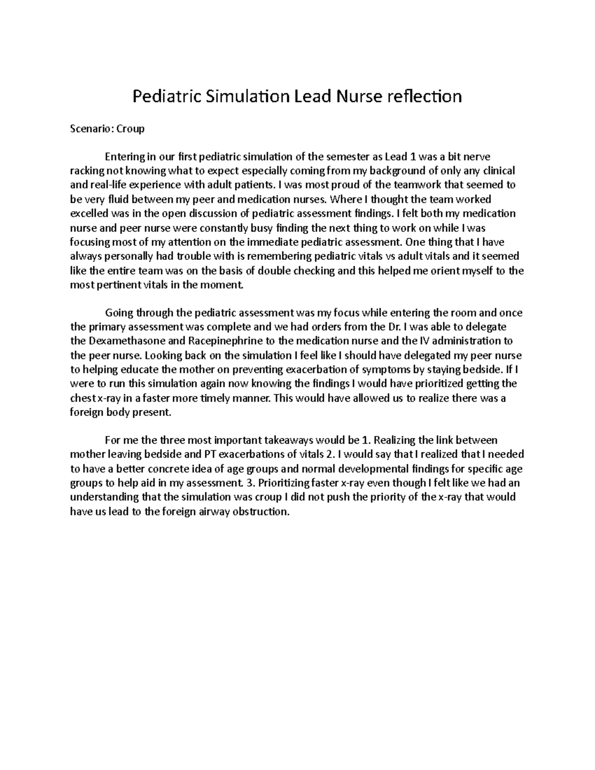 Peds Croup Lead Reflection Pediatric Simulation Lead Nurse Reflection