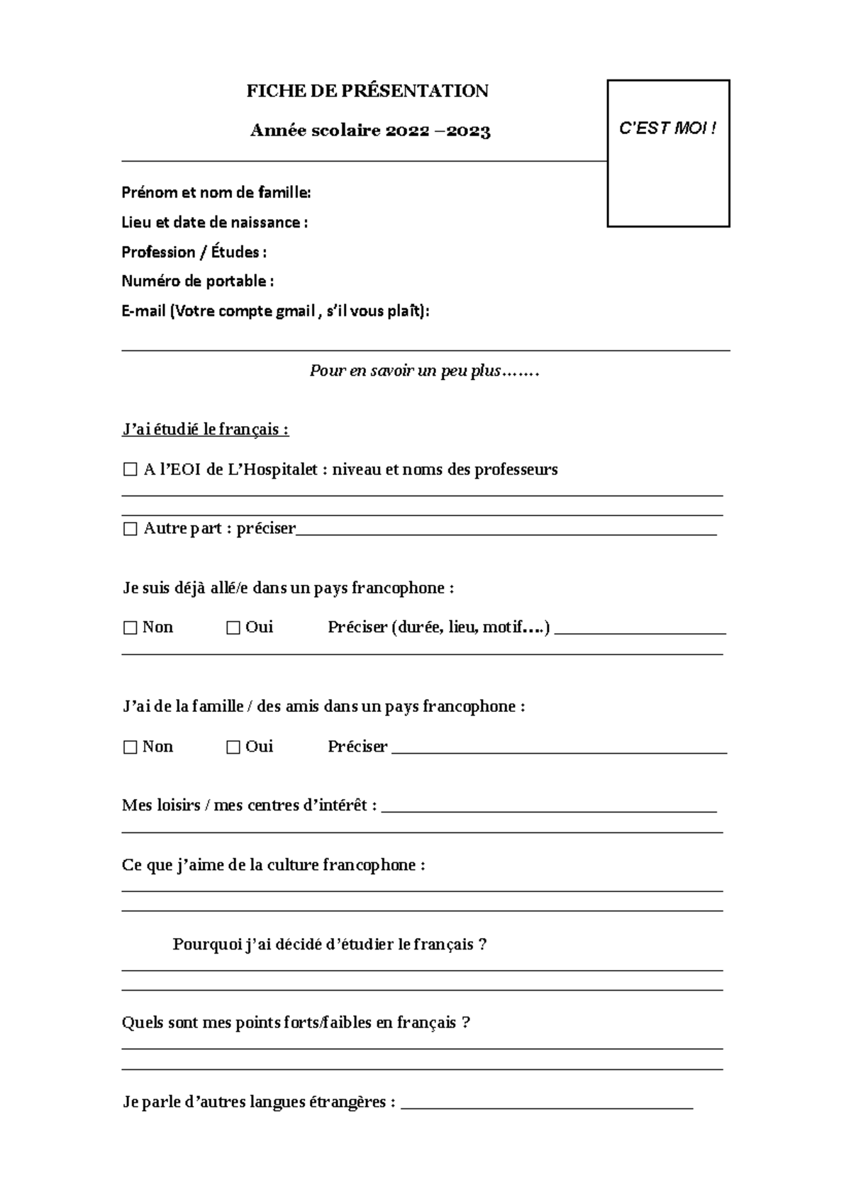 Fiche DE L' Élève. 2021-2022 - FICHE DE PRÉSENTATION Année scolaire ...