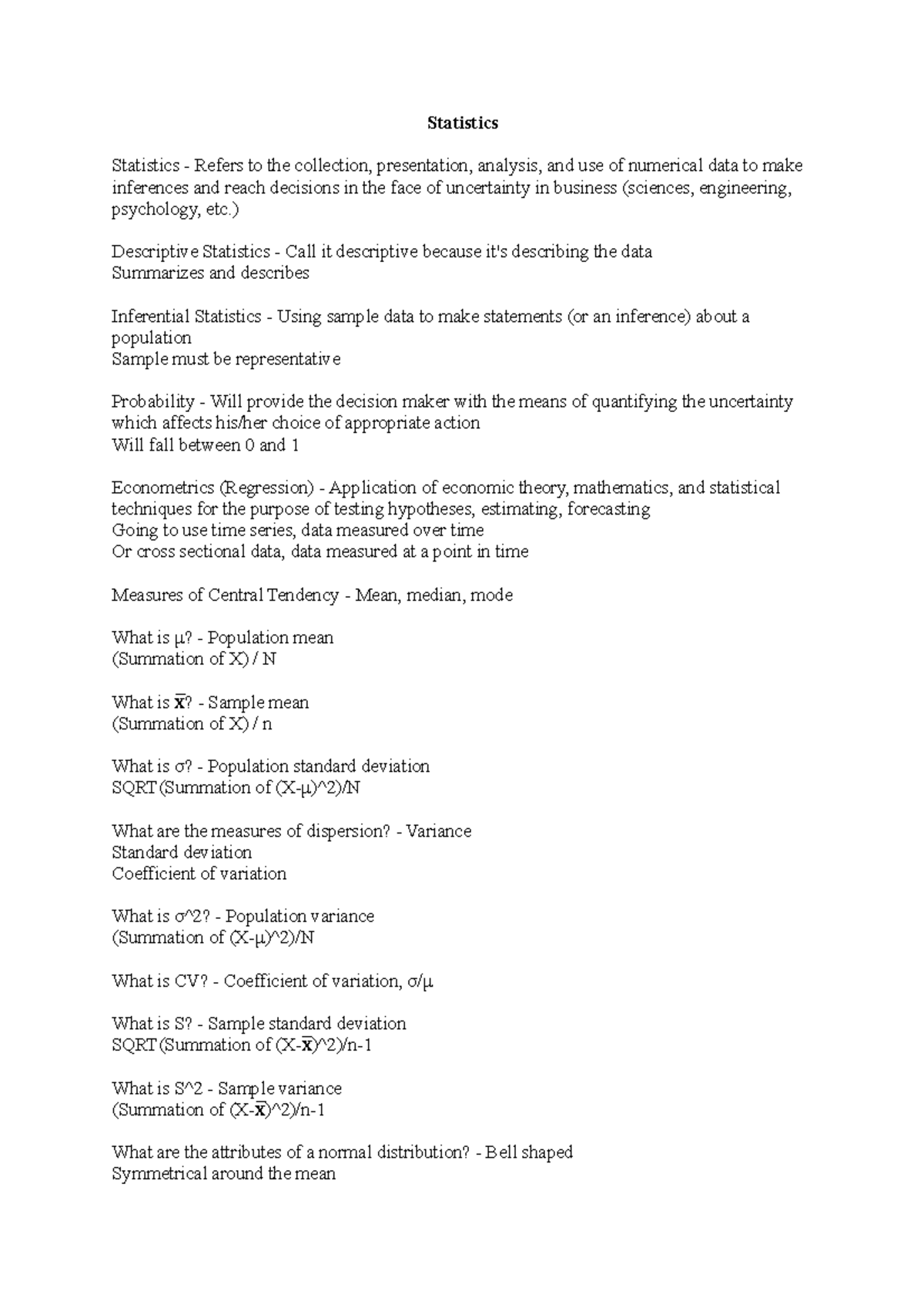 Statistics - Review notes - Statistics Statistics - Refers to the ...