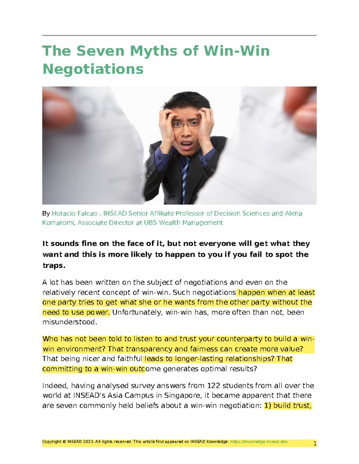 Win win - very win, very work - The Seven Myths of Win-Win Negotiations ...