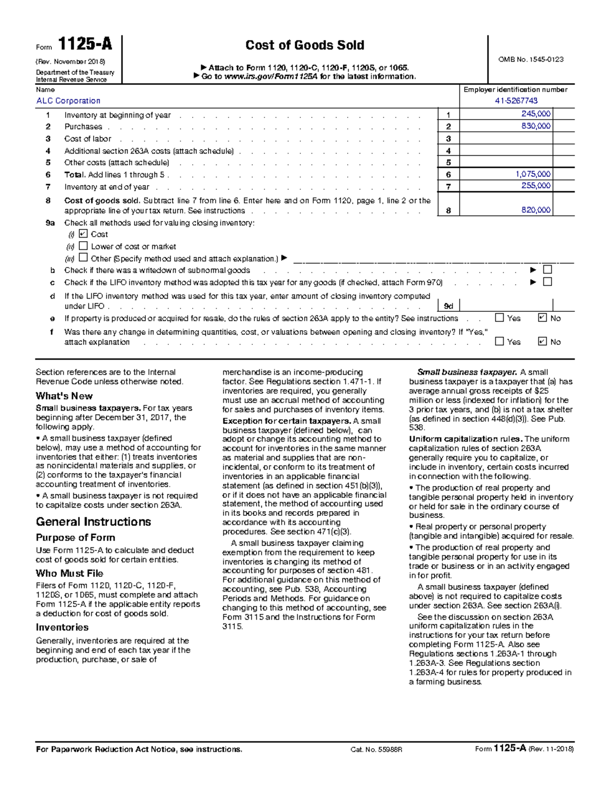 Form 1125-A Tax Project (With Changes) - Form 1125-A (Rev. November ...