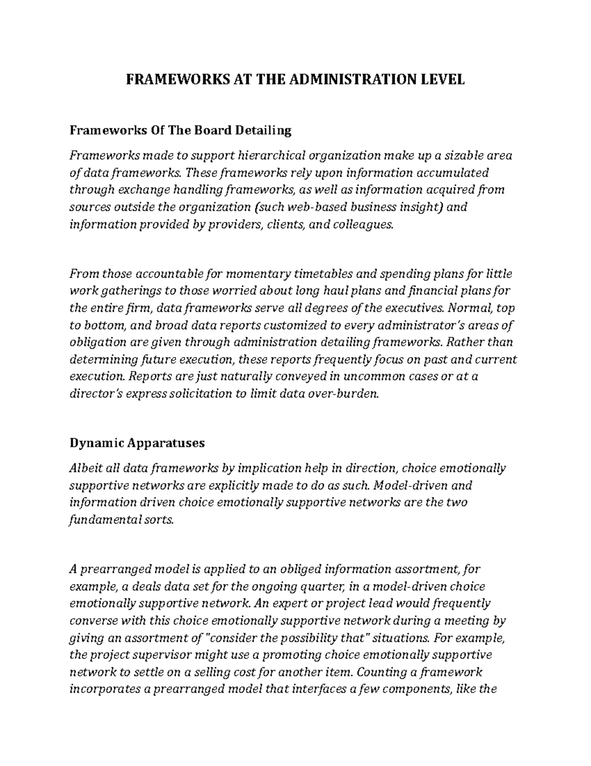Frameworks AT THE Administration Level - FRAMEWORKS AT THE ...