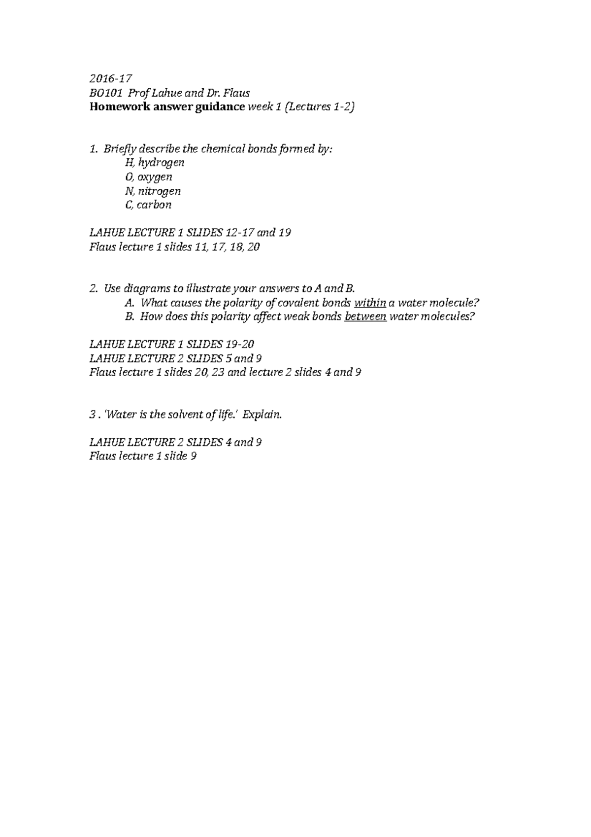 Homework answer guidance week 1 - 2016- BO101 Prof Lahue and Dr. Flaus ...