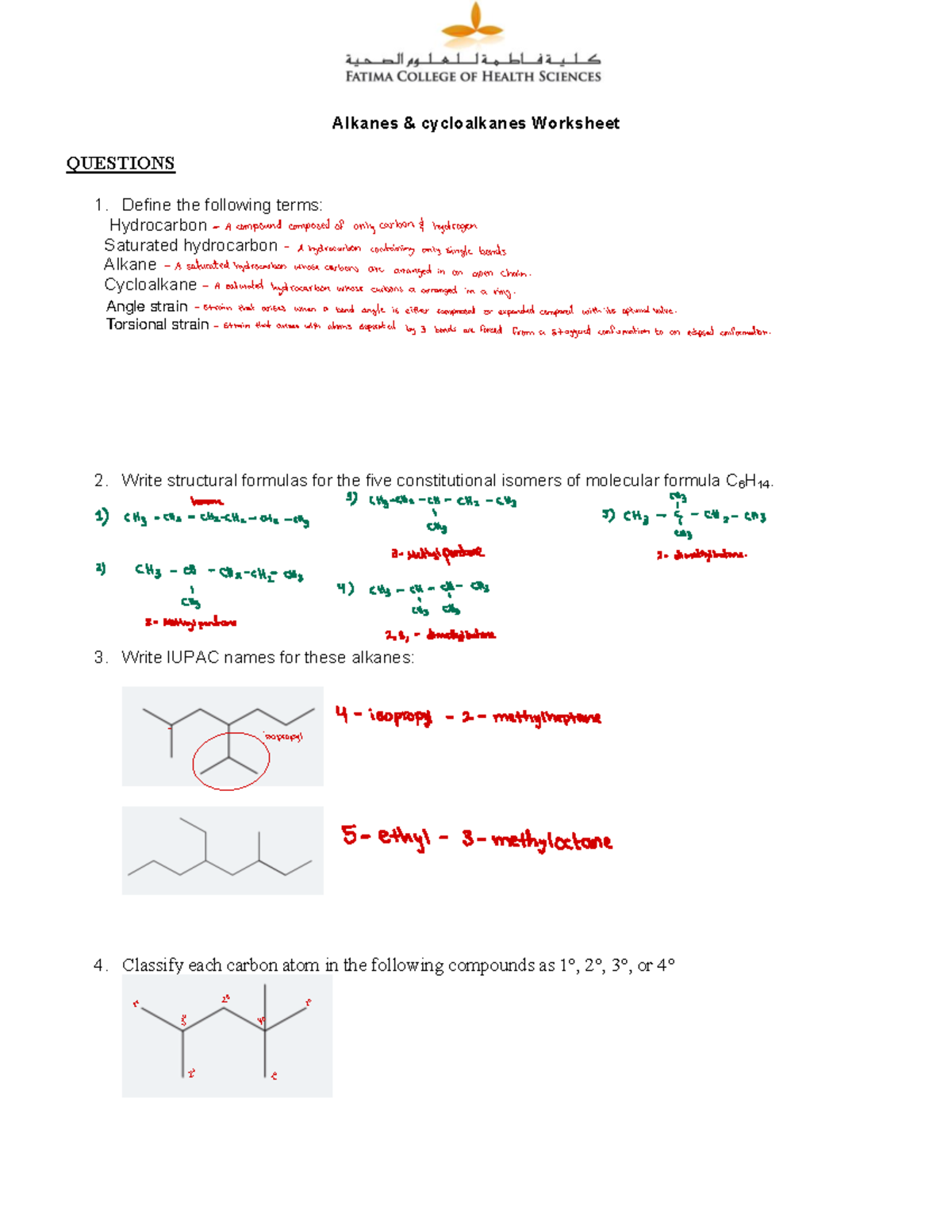 Alkanes & Cycloalkanes worksheet students version - ####### Alkanes ...