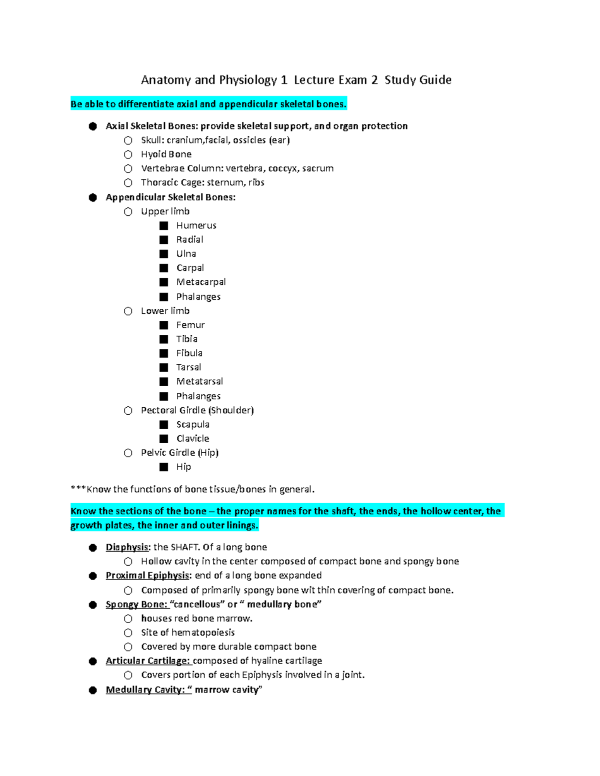Exam 2 Study Guide - Anatomy and Physiology 1 Lecture Exam 2 Study ...