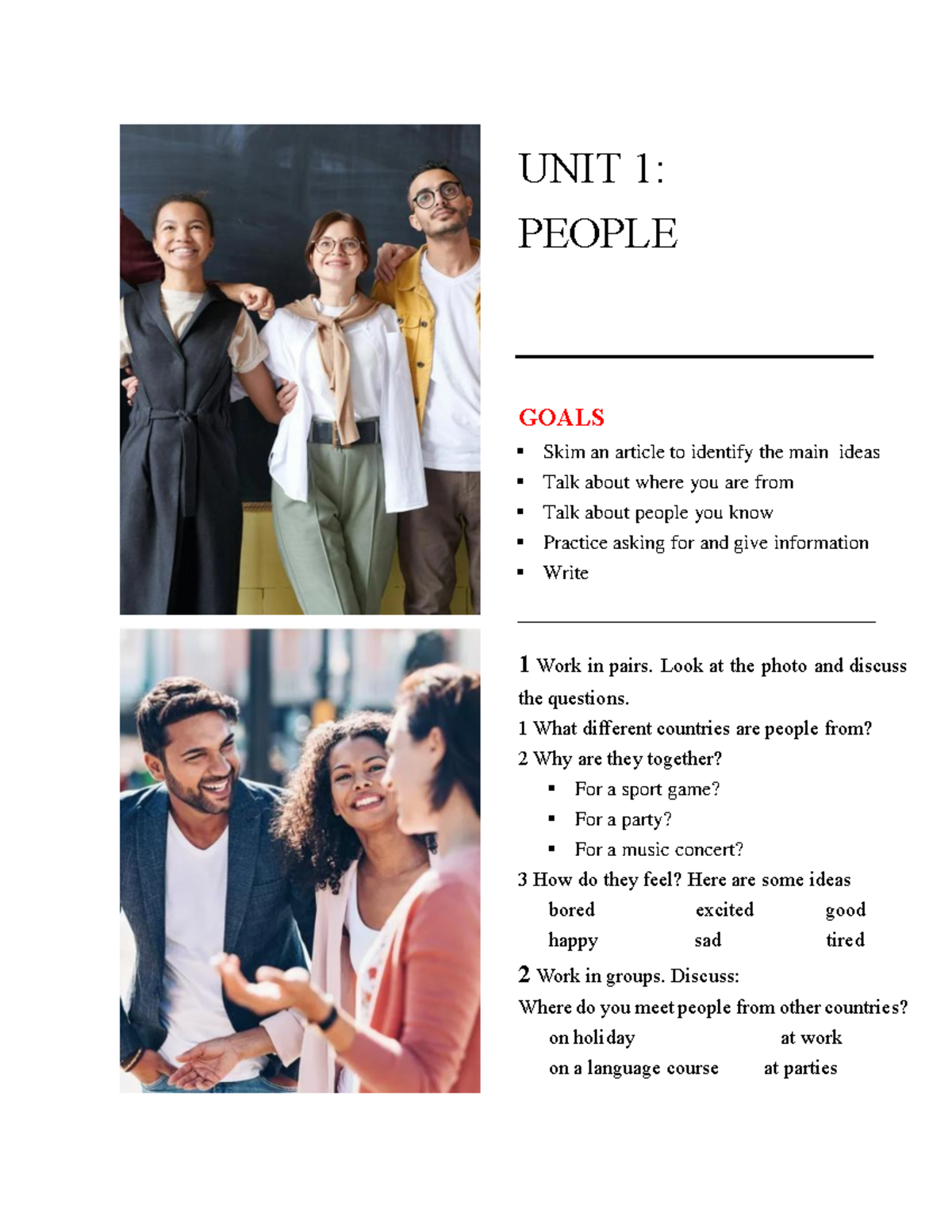 UNIT 1 - tiếng and - UNIT 1: PEOPLE GOALS Skim an article to identify ...