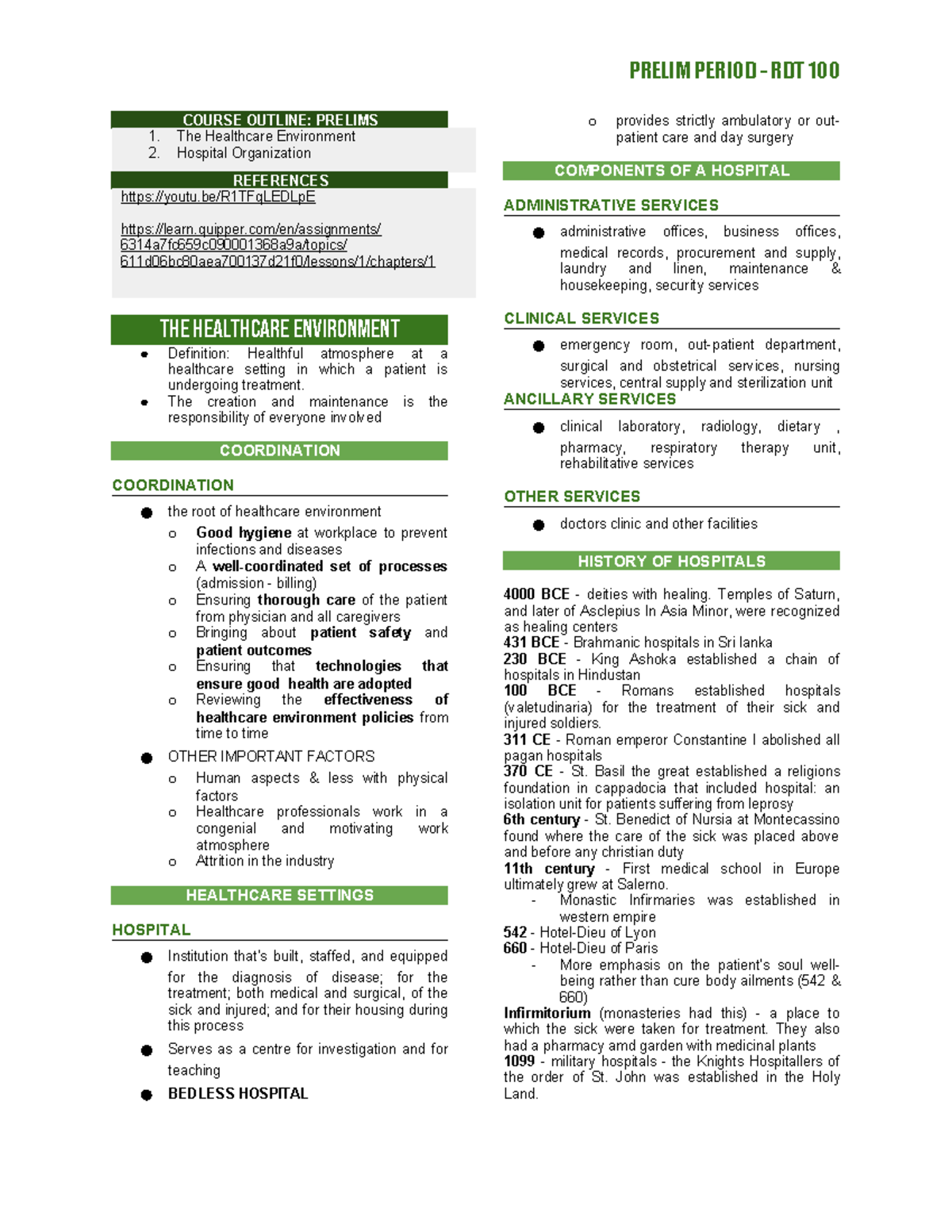 RDT 100 Prelim - COURSE OUTLINE: PRELIMS 1. The Healthcare Environment ...