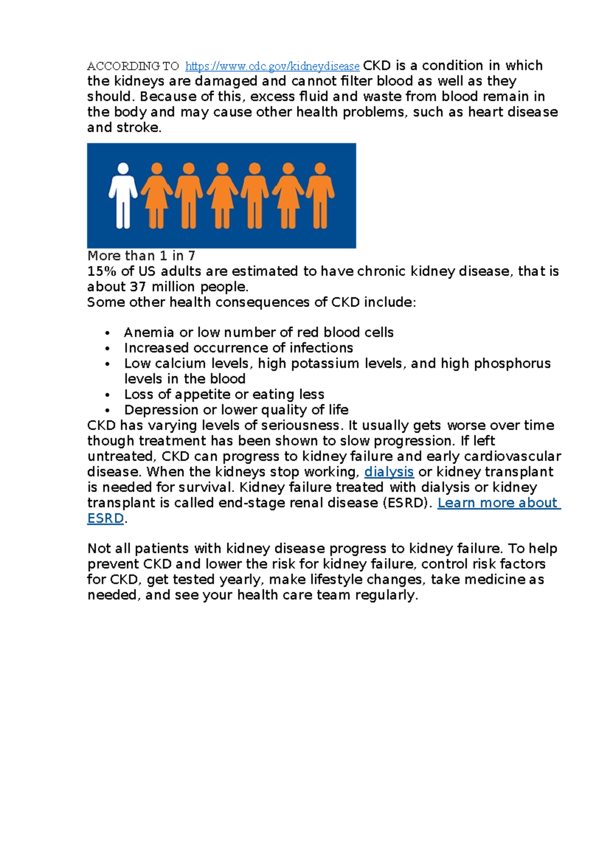 CKD - Summary Bachelor science in nursing - ACCORDING TO cdc ...