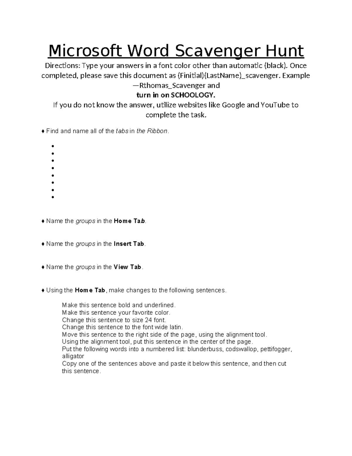 Microsoft Word Scavenger Hunt - Microsoft Word Scavenger Hunt ...
