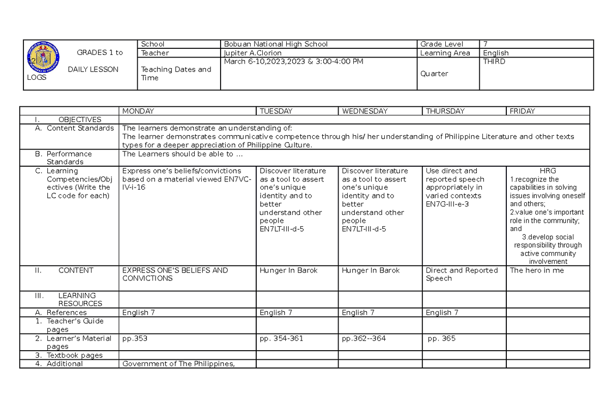 JHS Lesson LOG G-10 english 1 - GRADES 1 to 12 DAILY LESSON LOGS School ...
