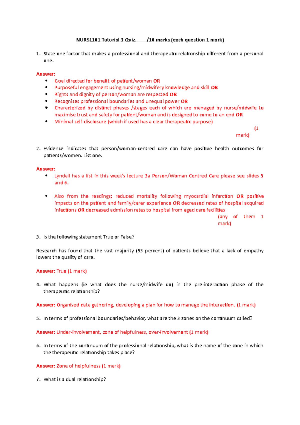 1101 Quiz with answers - NURS1101 Tutorial 3 Quiz. /10 marks (each ...