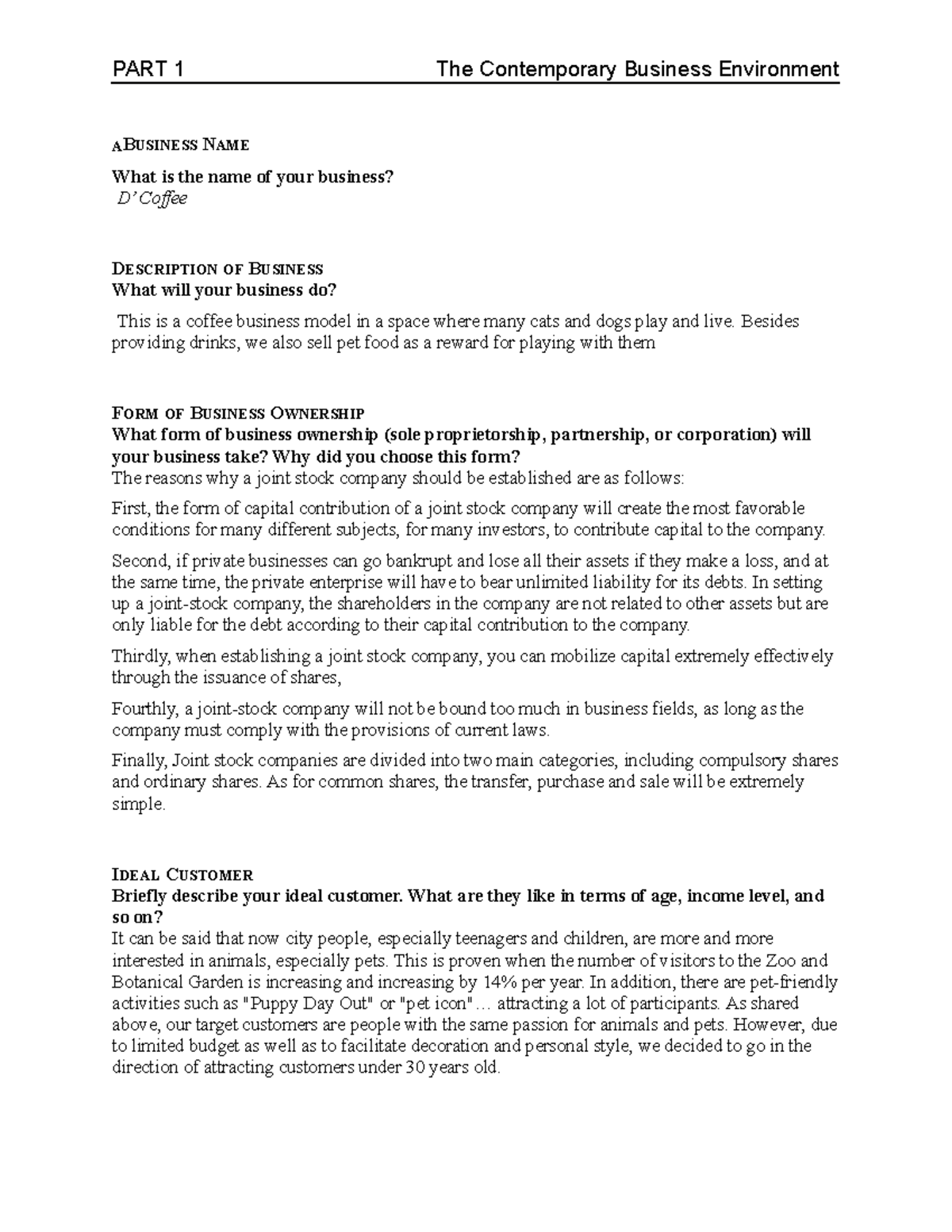 Business Plan Student Template - PART 1 The Contemporary Business ...