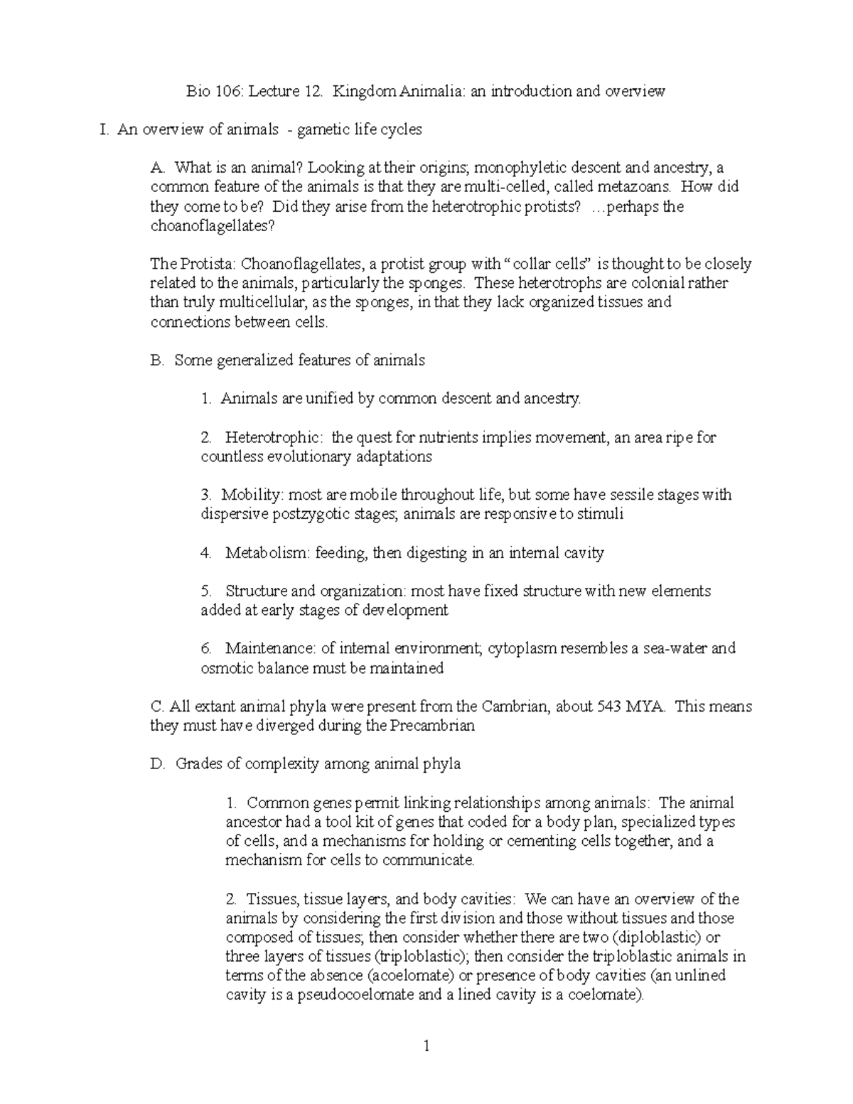 Lecture 12, Outline - notes - Bio 106: Lecture 12. Kingdom Animalia: an ...