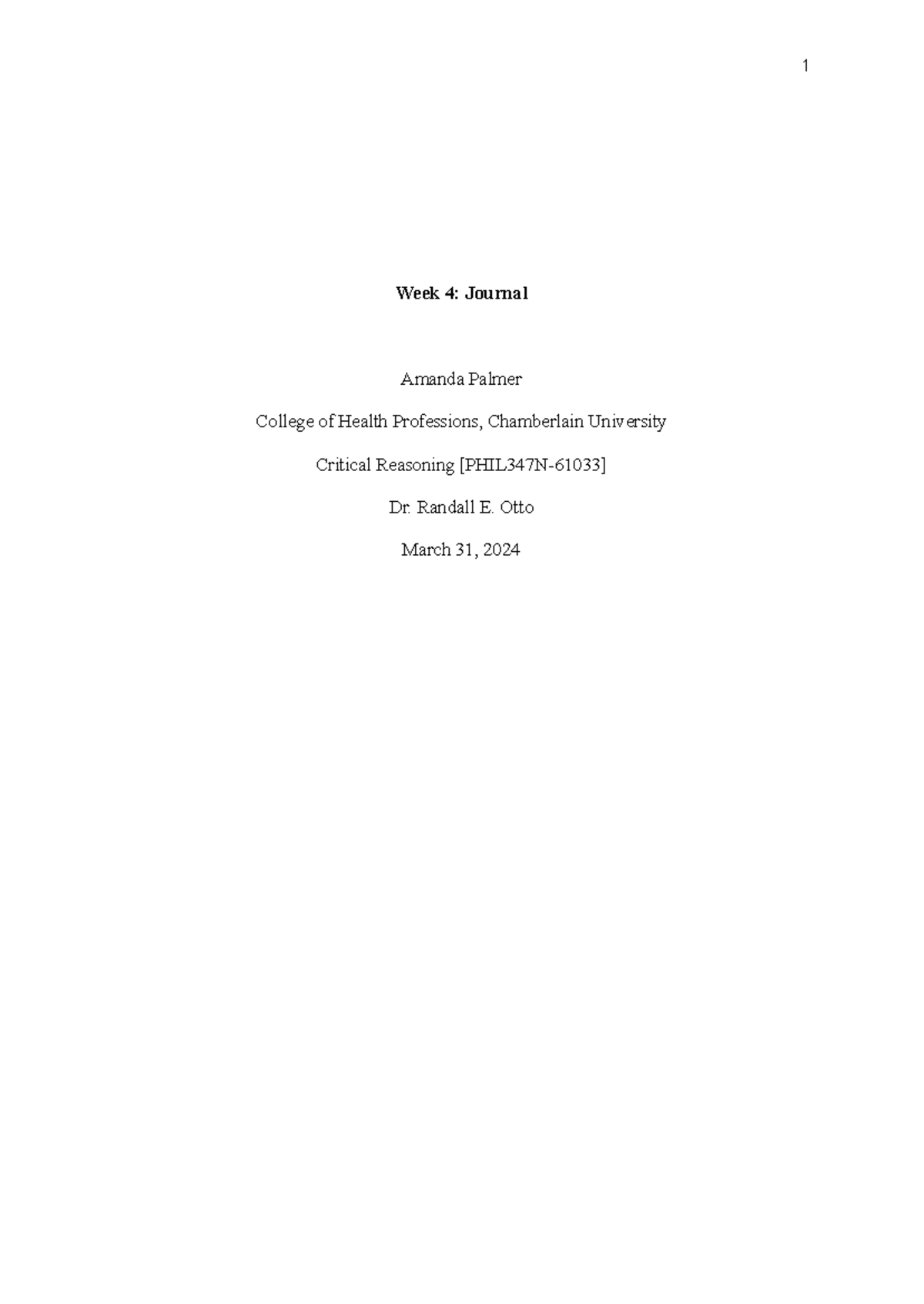 CR Journal WEEK 4 - Week 4: Journal Amanda Palmer College of Health ...