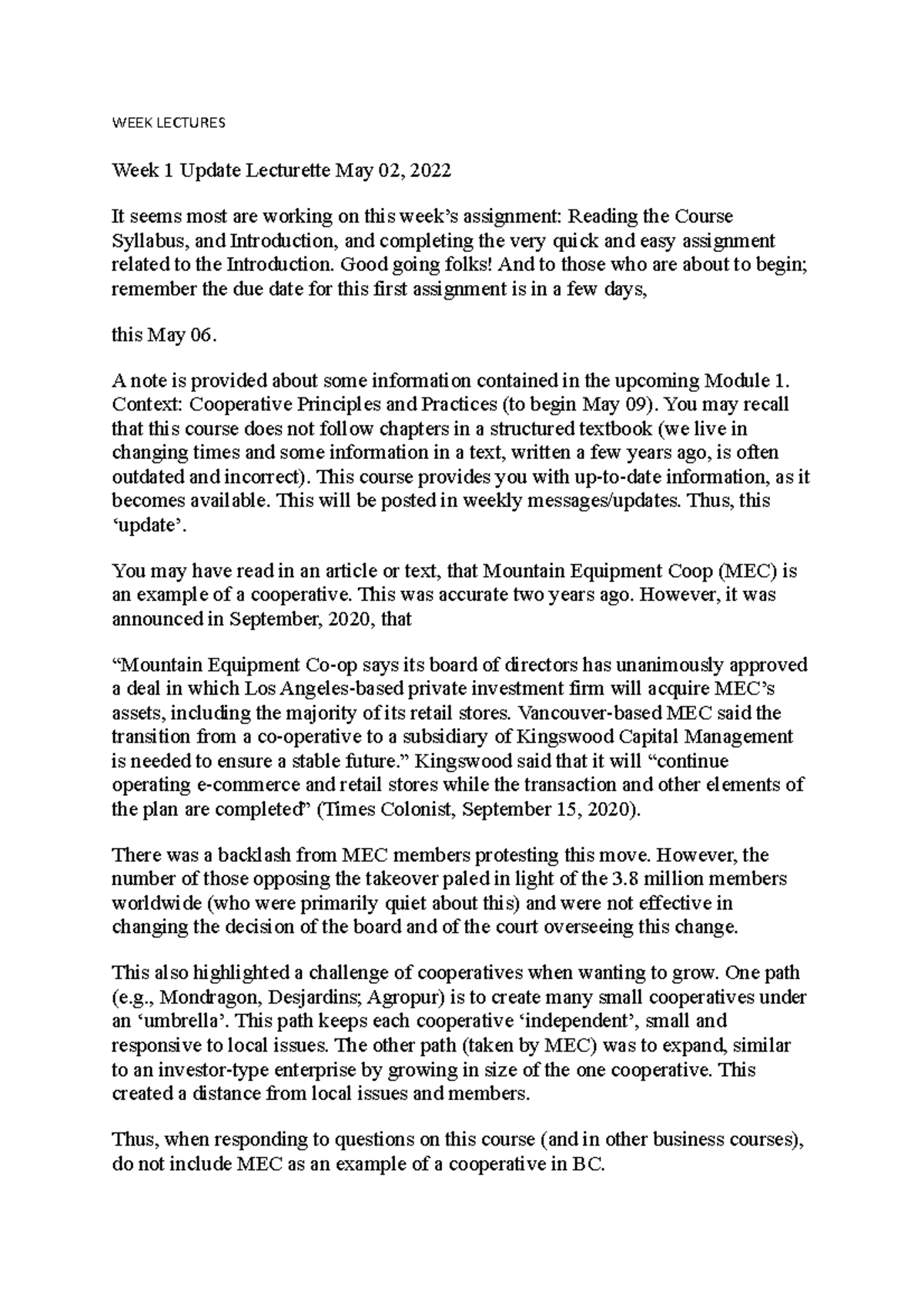 WEEK Lectures - TEST AND MODULES - WEEK LECTURES Week 1 Update ...