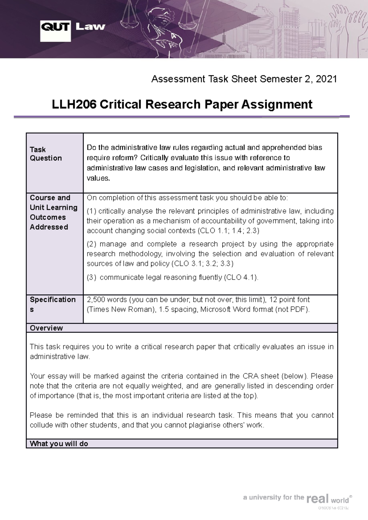 LLH206 Task sheet - Assessment Task Sheet Semester 2, 2021 LLH206 Critical Research Paper ...