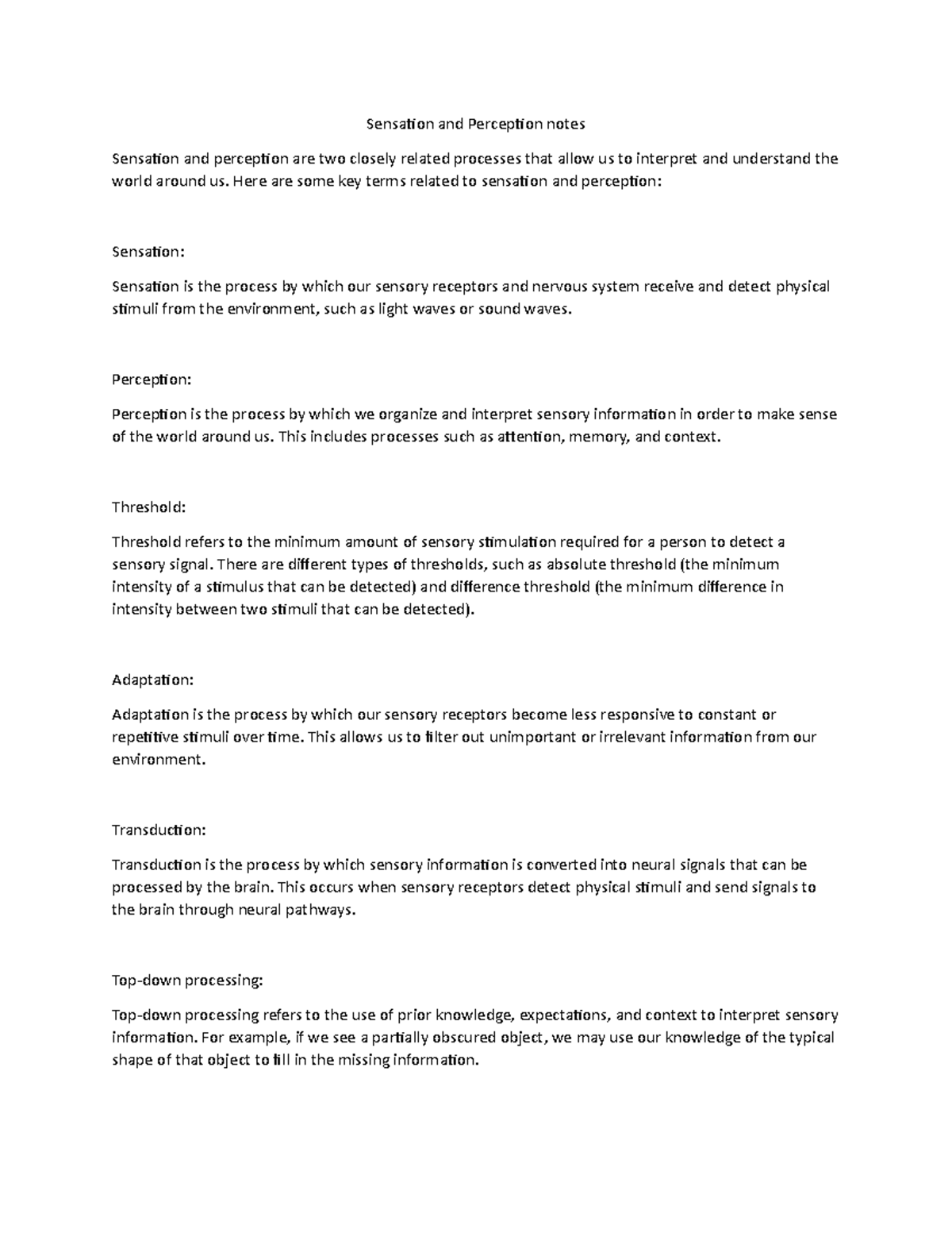 Sensation and Perception notes - Sensation and Perception notes ...