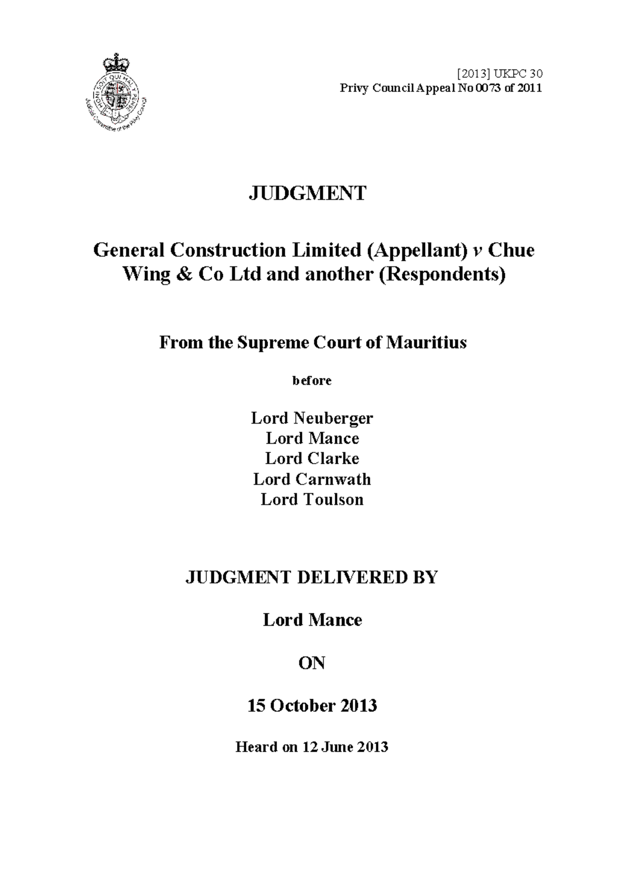 General Construction Ltd v Chue Wing - [2013] UKPC 30 Privy Council ...