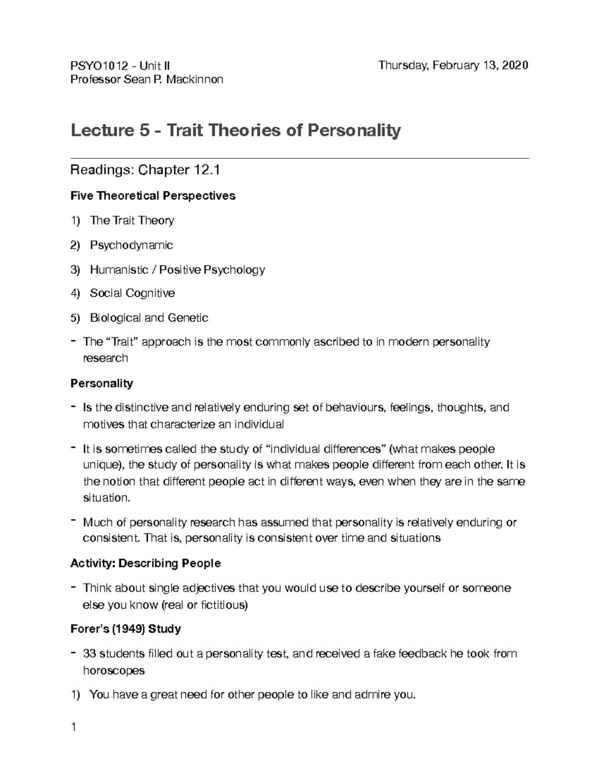 Unit 2 Lecture 5 Trait Theories Of Personality Professor Sean P Mackinnon Lecture 5 Trait