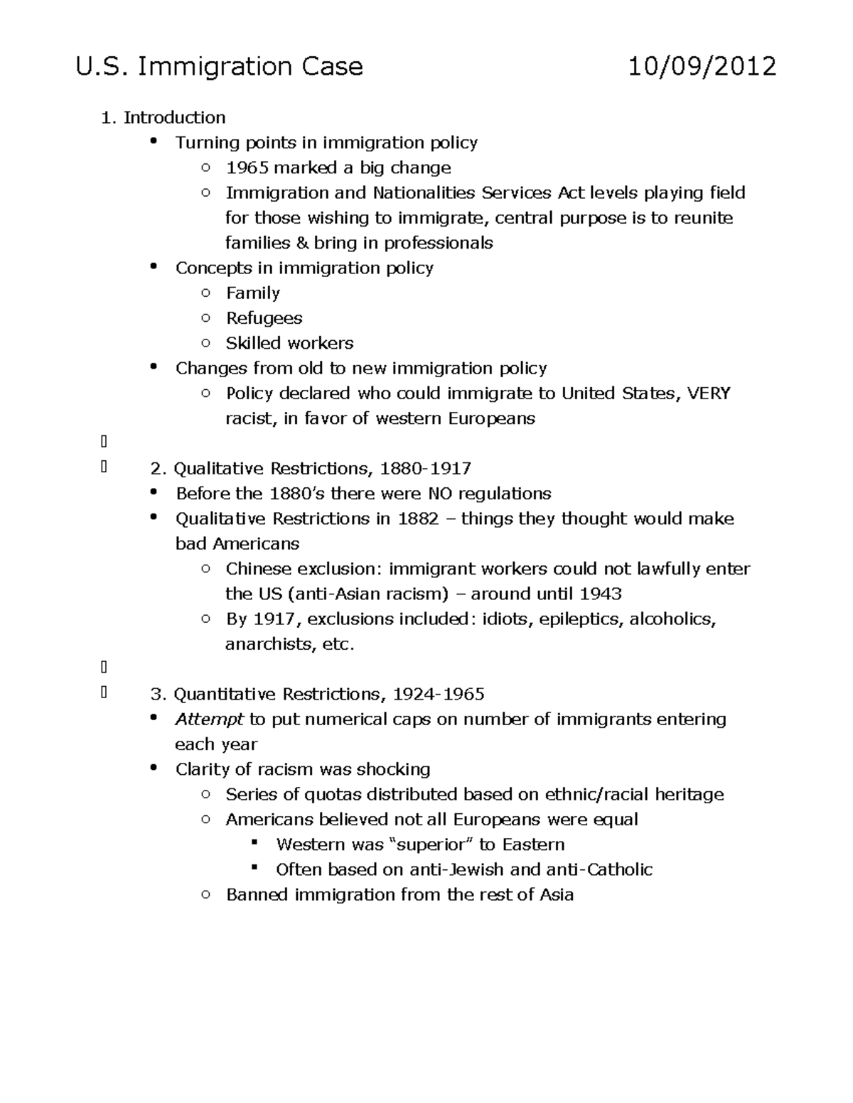 US Immigration Case - class work - U. Immigration Case 10/09 ...