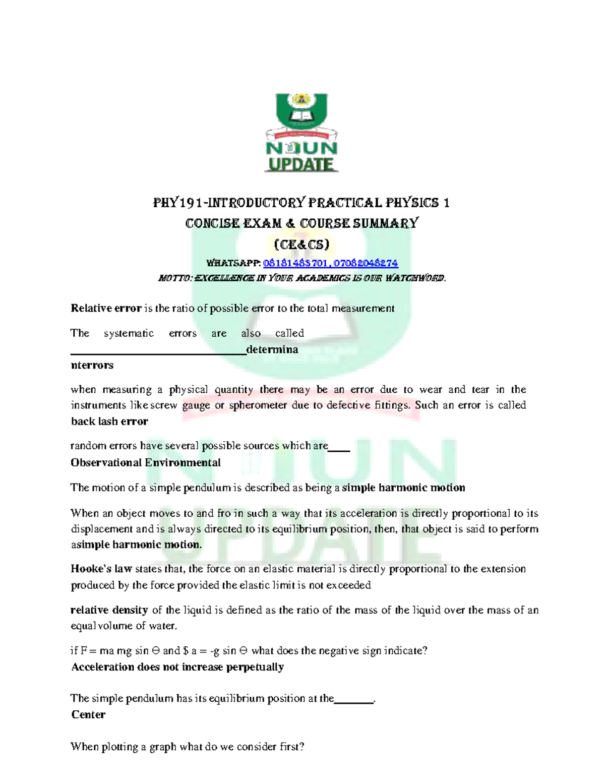 PHY191 CE&CS - PDF - PHY191-INTRODUCTORY PRACTICAL PHYSICS 1 CONCISE EXAM & COURSE SUMMARY - Studocu