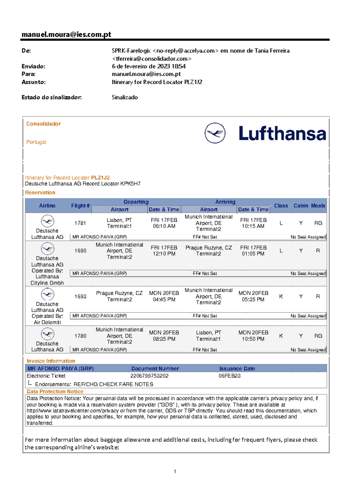 Afonso Paiva -Itinerary for Record Locator PLZ1J2 - 1 manuel@ies.com De ...