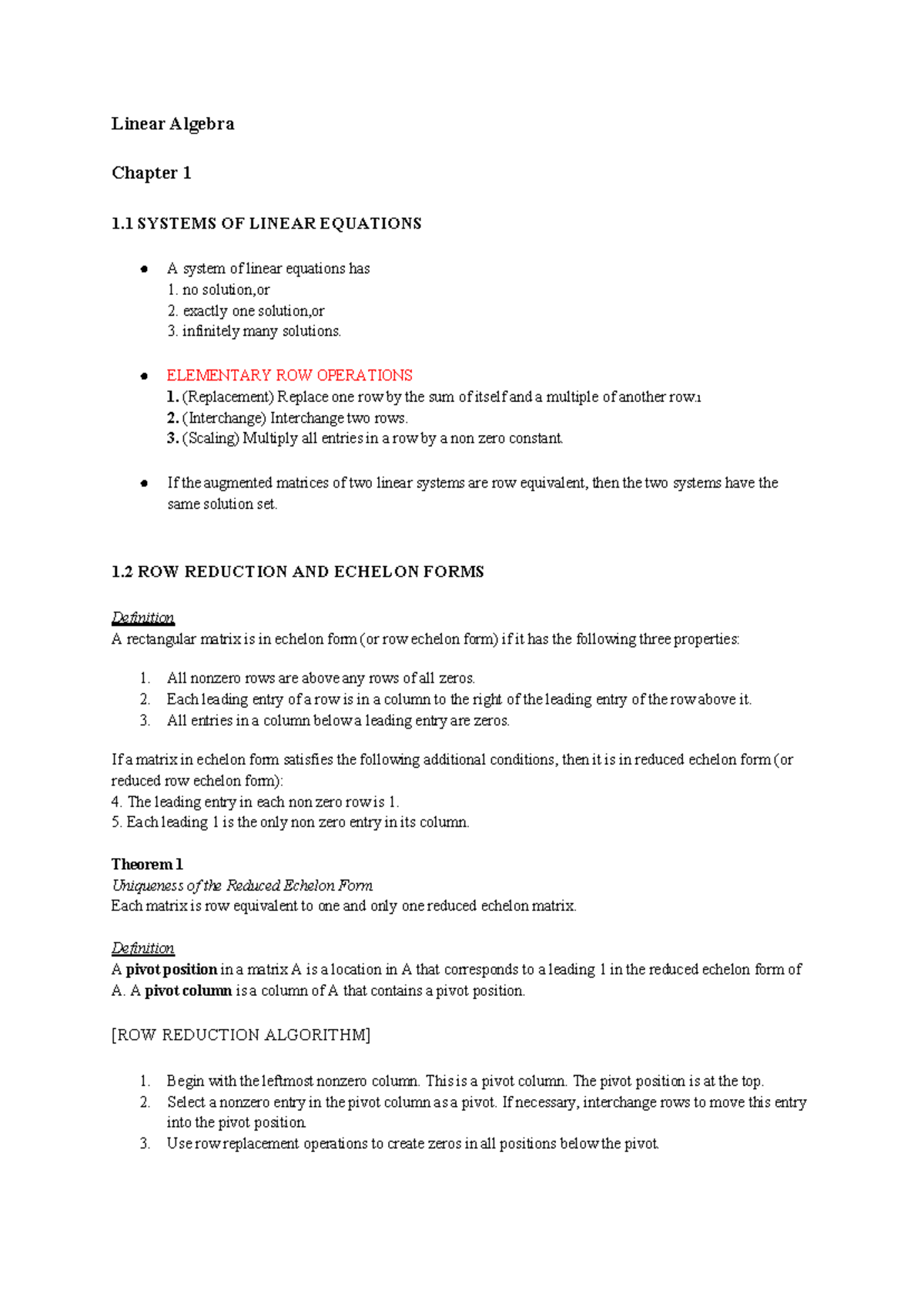 LA- Summary - Linear Algebra Chapter 1 1 SYSTEMS OF LINEAR EQUATIONS A ...