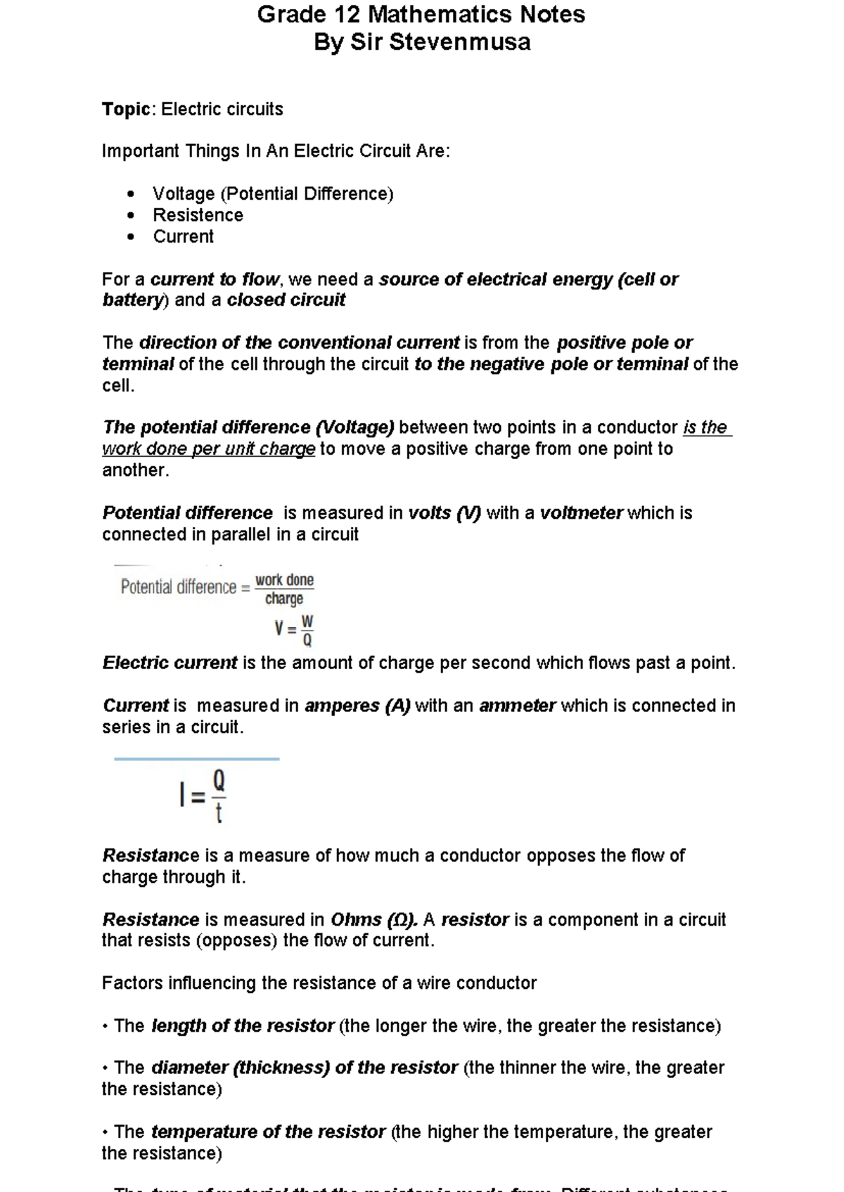 Physical science electricity grd 12 - Grade 12 Mathematics Notes By Sir ...