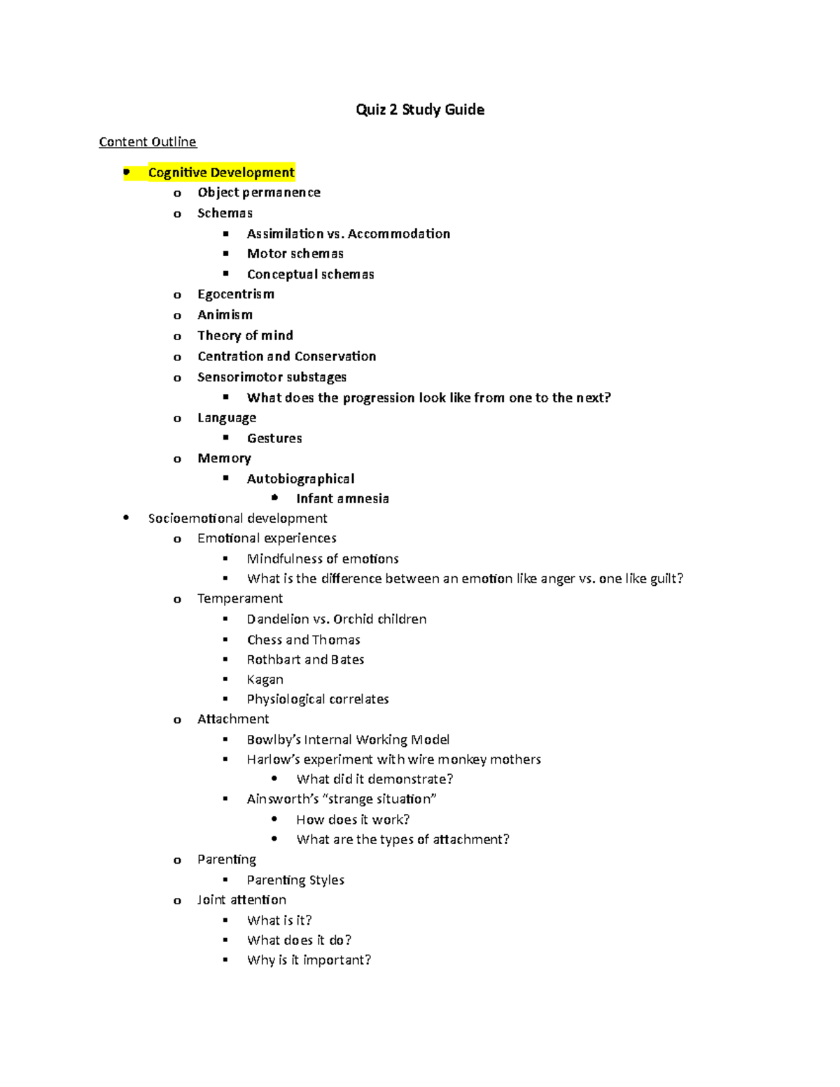 Quiz 2 Study Guide - Quiz 2 Study Guide Content Outline Cognitive ...