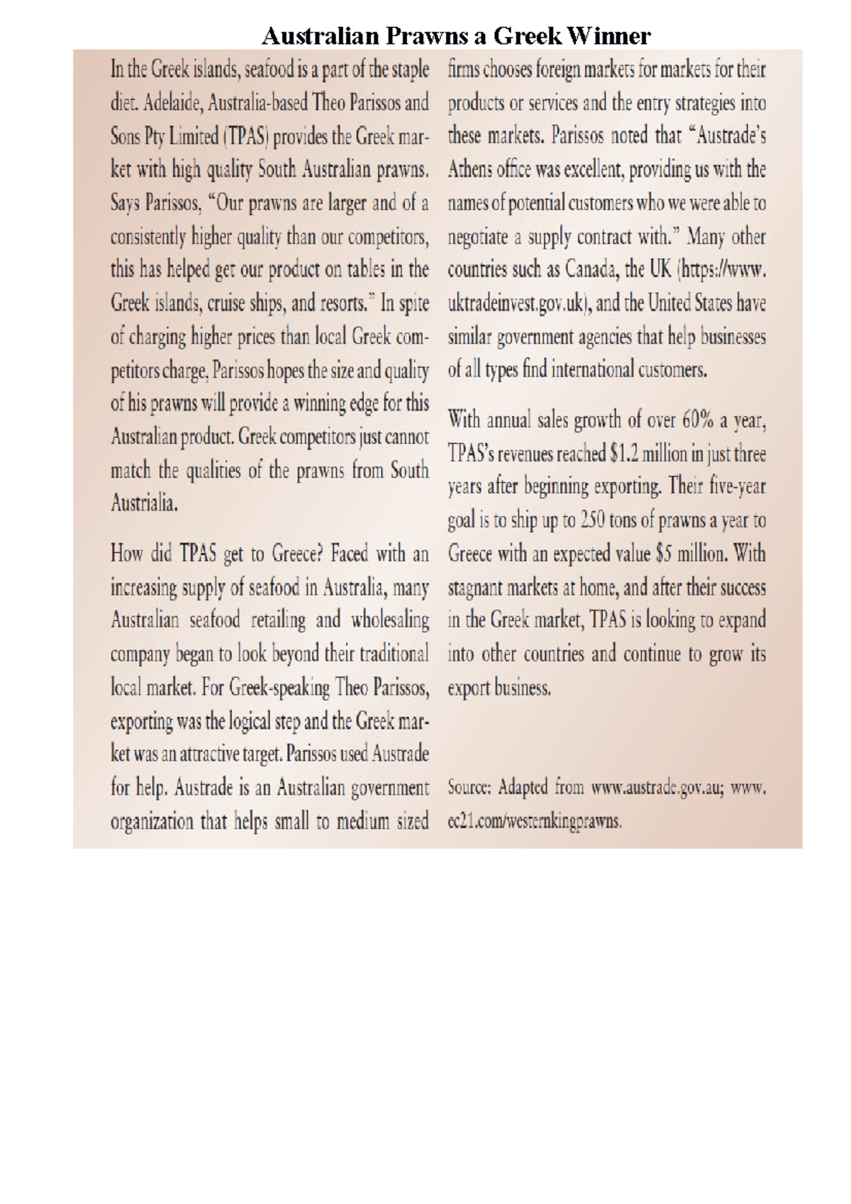 Australian Prawns a Greek Winner - Kinh Doanh Quốc Tế 1 - Studocu
