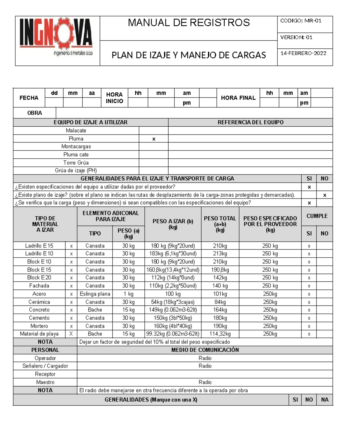 MR01 Plan de Izaje Pluma grua - MANUAL DE REGISTROS CODIGO: MR- VERSION ...